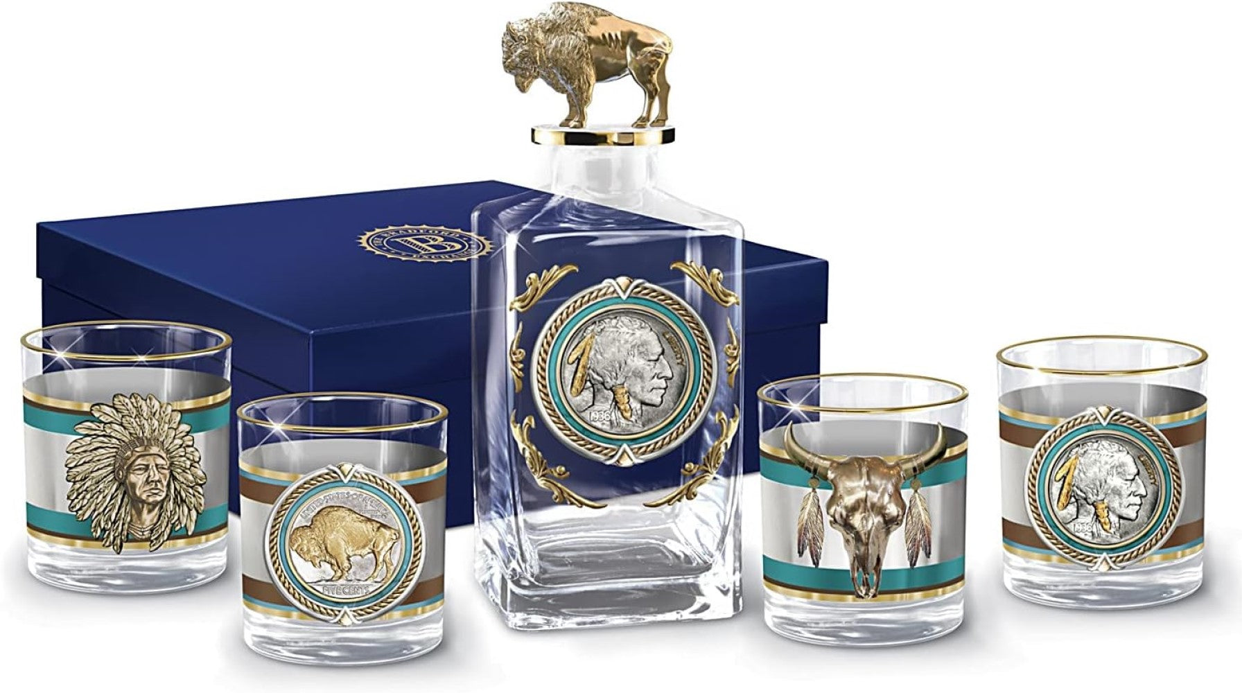 The Bradford Exchange Pride of The West Decanter and Glass Set Native ...